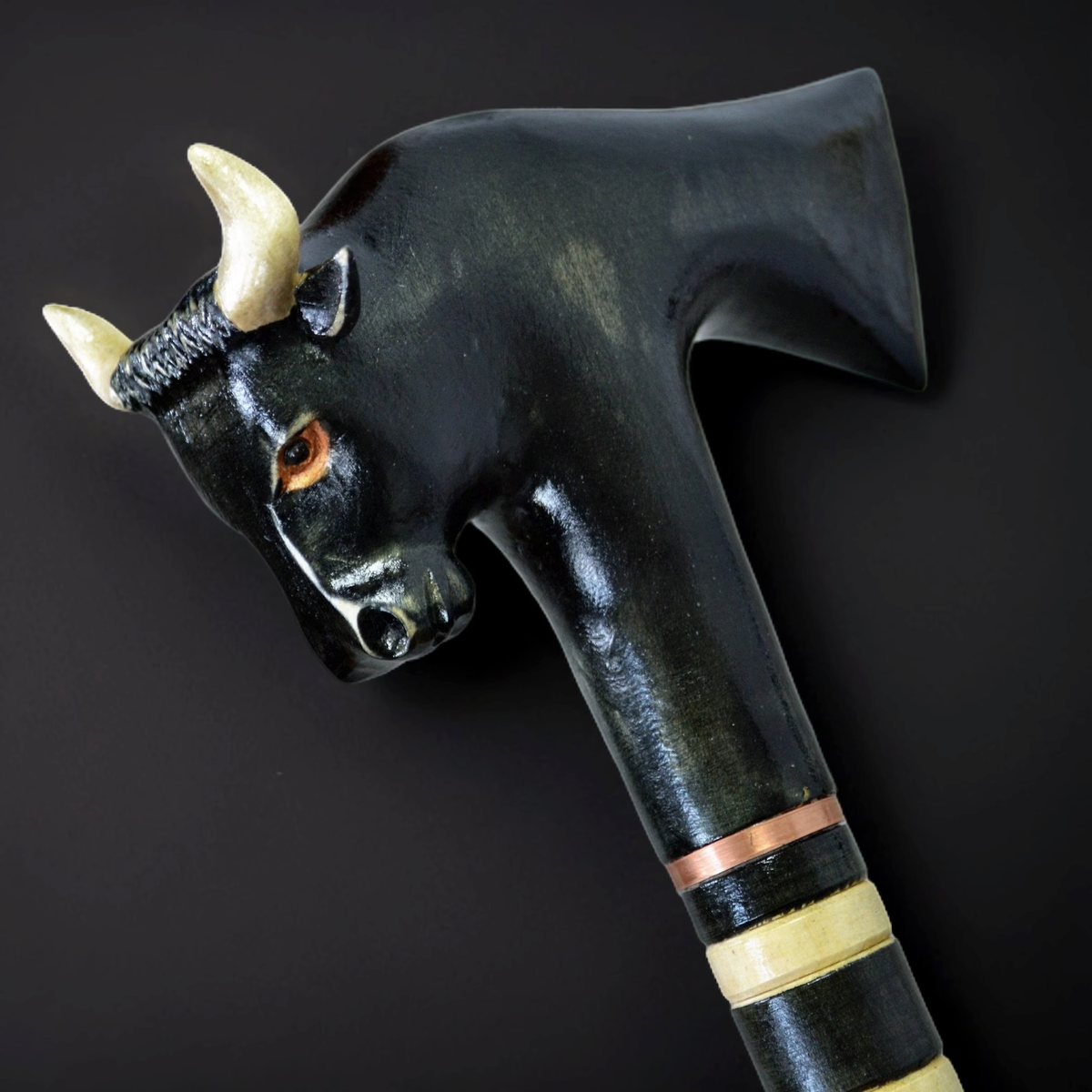 Hand Carved Black Bull Cane - Tailored Lengths and Features